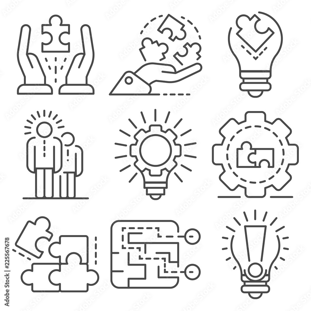 Solution icon set. Outline set of solution vector icons for web design ...