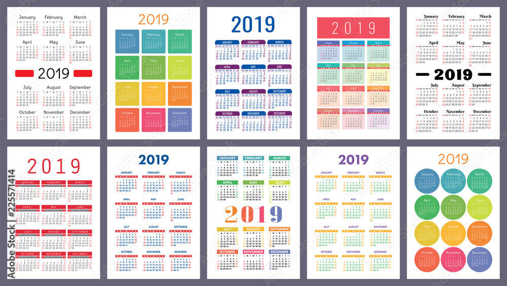 Calendar 2019. Colorful set. Week starts on Sunday. Basic grid. English ...
