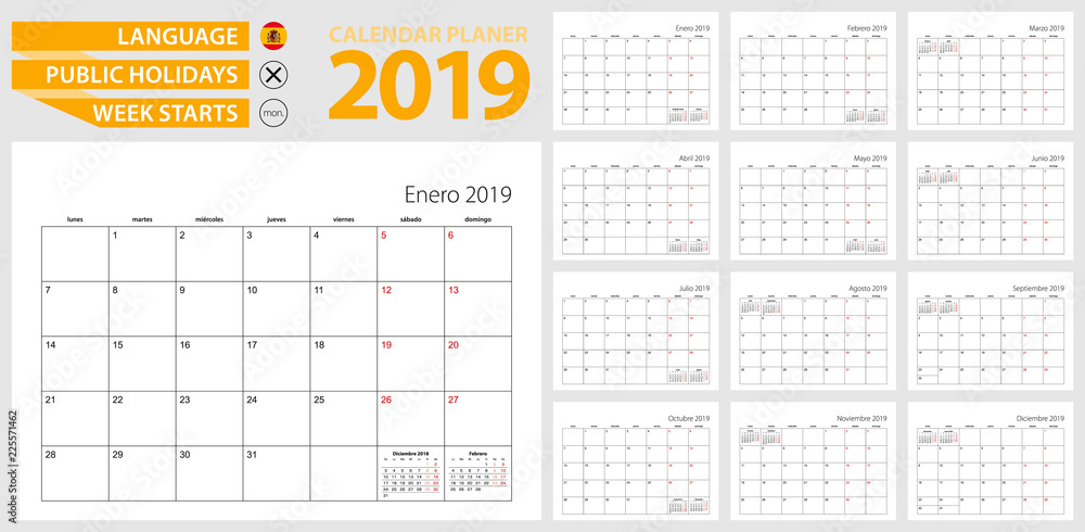 Spanish calendar planner for 2019. Spanish language, week starts from ...
