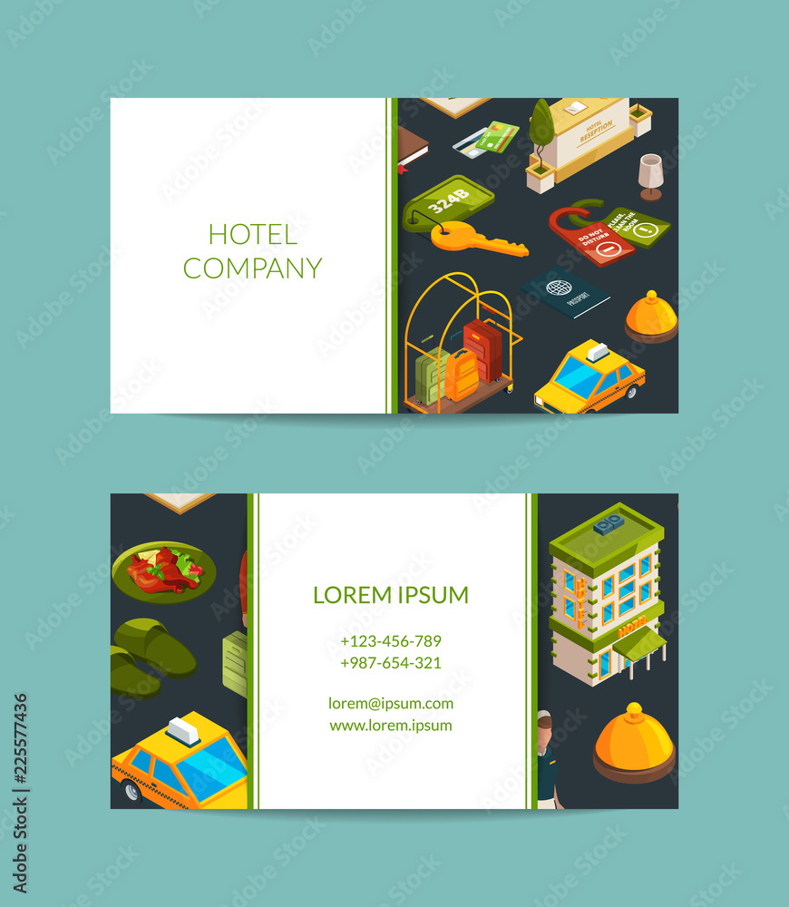 Vector isometric hotel icons business card template for hotel ...