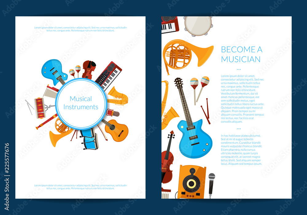 Vector cartoon musical instruments card or flyer template illustration ...