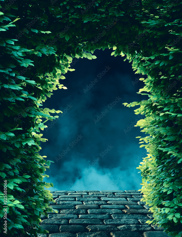 Tree arch gate over stone path with fog and smoke in the night in ...