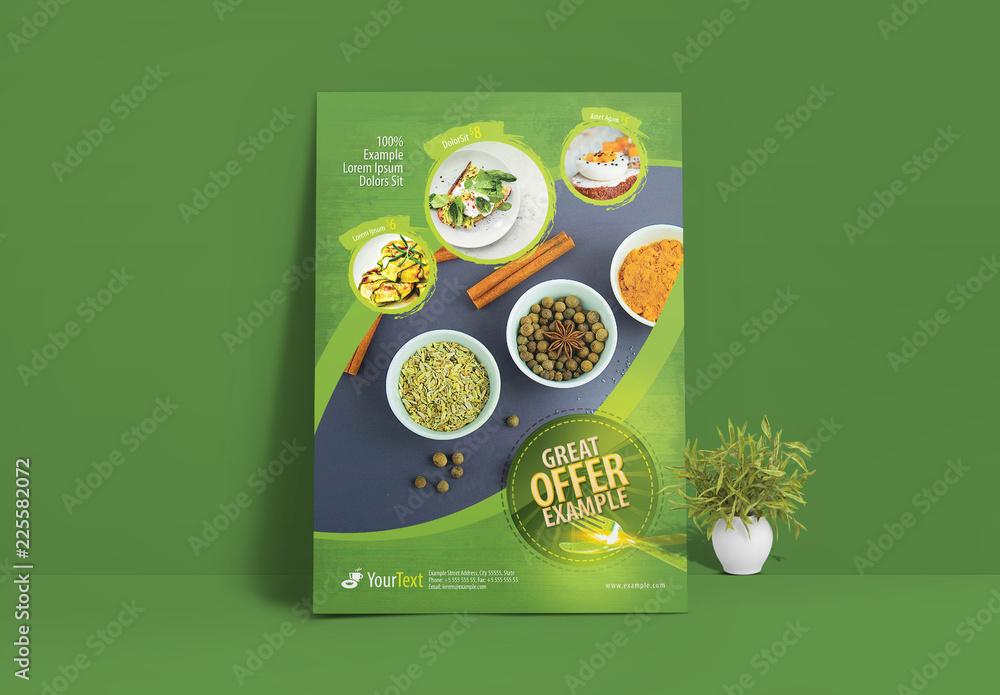 Food Flyer Layout with Circular Photo Elements Stock Template | Adobe Stock