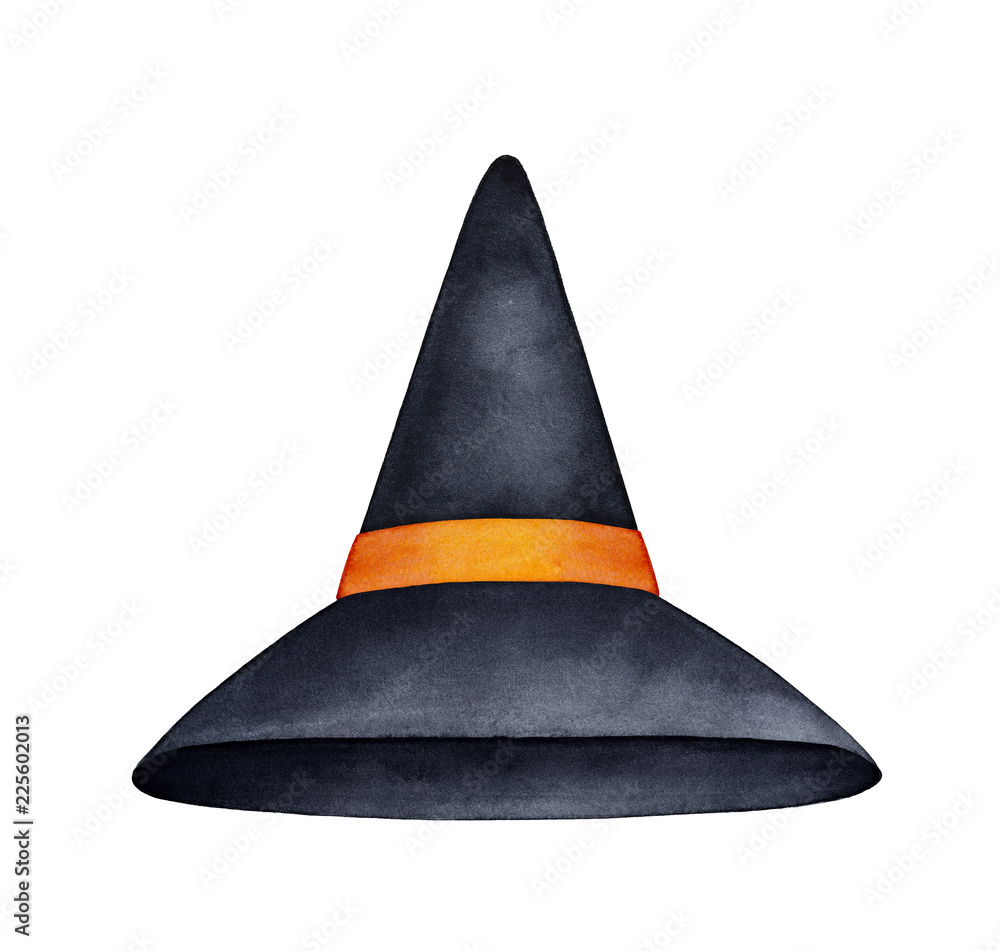 Classic black witch hat decorated with orange ribbon. Halloween party ...