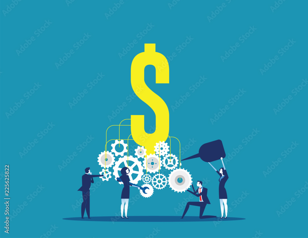 Business team building a money machine. Concept business vector ...