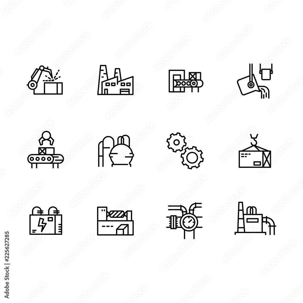 Simple set industry, production and factory vector line icon. Contains ...