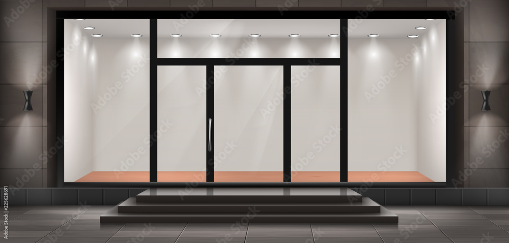 Vector illustration of storefront with steps and entrance door, glass ...