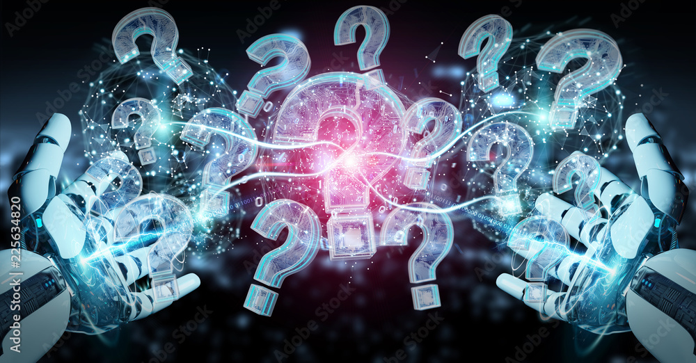 Cyborg solving problem with digital question marks 3D rendering Stock Photo | Adobe Stock