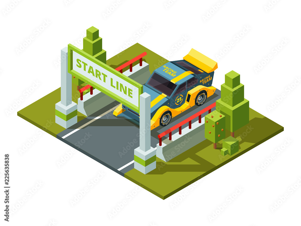 Start race cars. Isometric sport pictures in cartoon style. Car ...