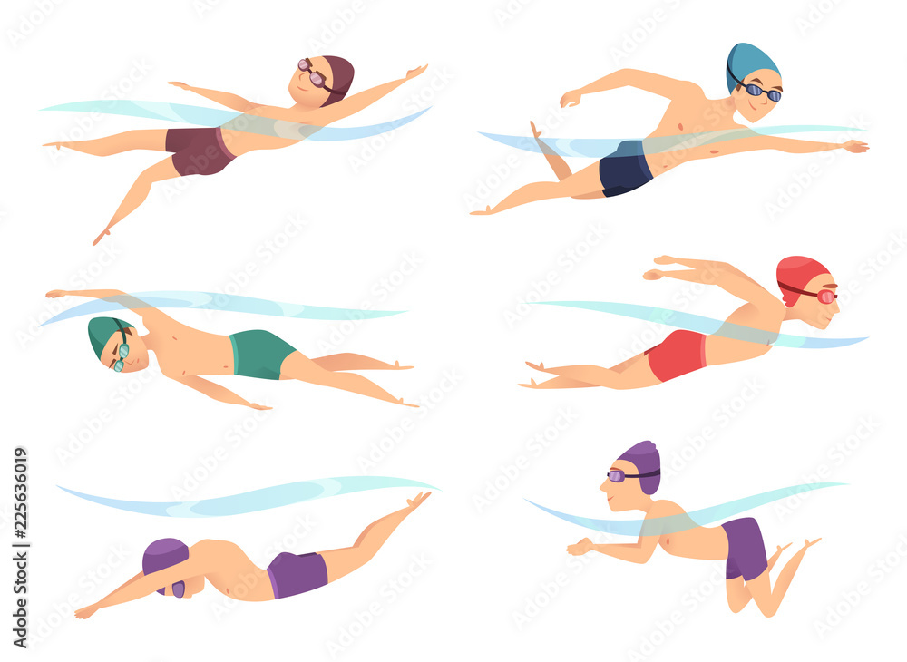 Swimmers at various poses. Cartoon sport characters in poll action ...
