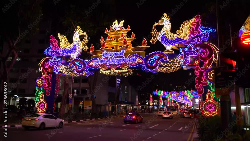 Colorful Diwali lights decoration at the start of Serangoon road of the ...