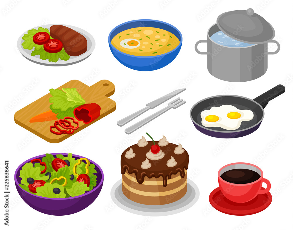 Vector set of isometric food icons. Fried eggs, bowl of soup, cake ...