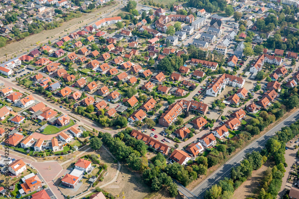Aerial view of a German suburb with streets and many small houses for ...