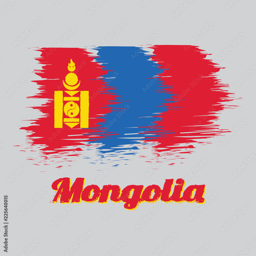 Brush style color flag of Mongolia, red and blue with the Soyombo ...