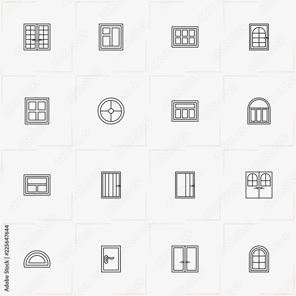 Windows And Doors line icon set with door, round window and double door ...