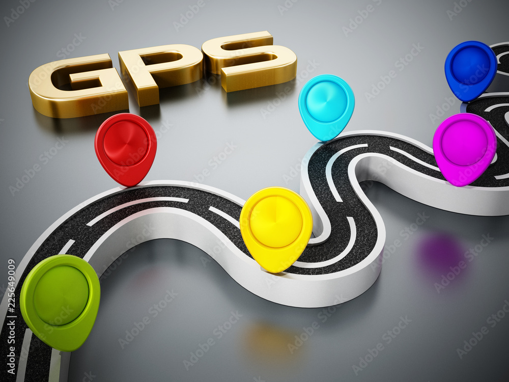 Colorful road markers, motorway and gps text on dark background. 3D ...