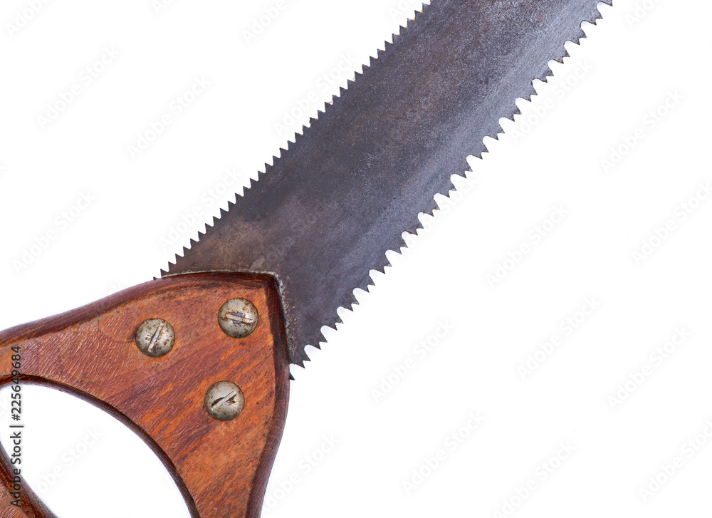 Old fashioned , vintage hand saw with back tuttle tooth isolated on ...