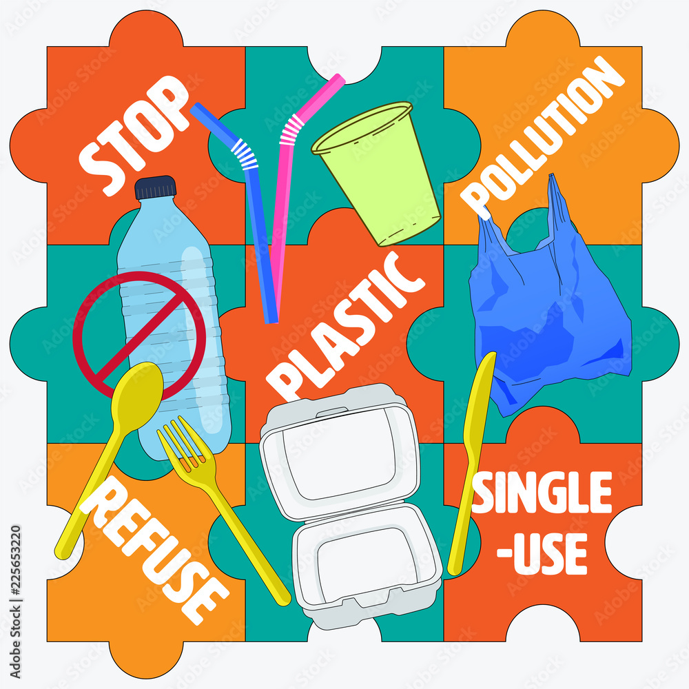 Single-use plastic products on jigsaw puzzle background represent ...