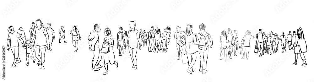 crowd group of people walking freehand ink sketch panorama view ...