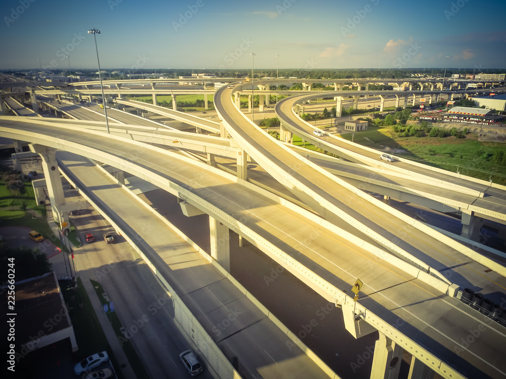 Vintage tone horizontal aerial view massive highway intersection, stack ...