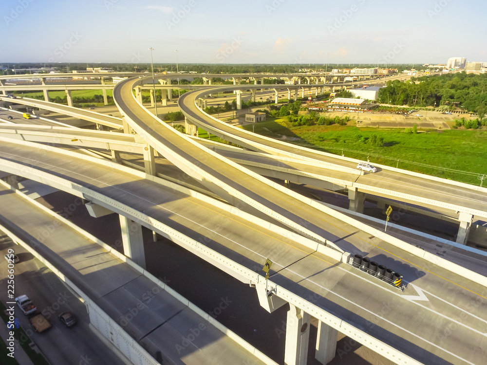Horizontal aerial view massive highway intersection, stack interchange ...