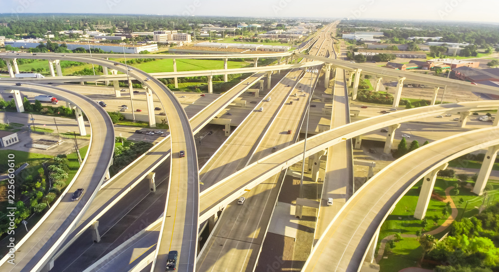 Panorama horizontal aerial view massive highway intersection, stack ...