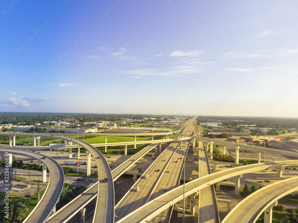 Horizontal aerial view massive highway intersection, stack interchange ...