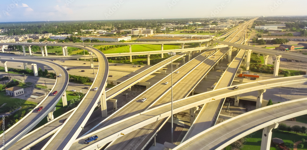 Panorama horizontal aerial view massive highway intersection, stack ...