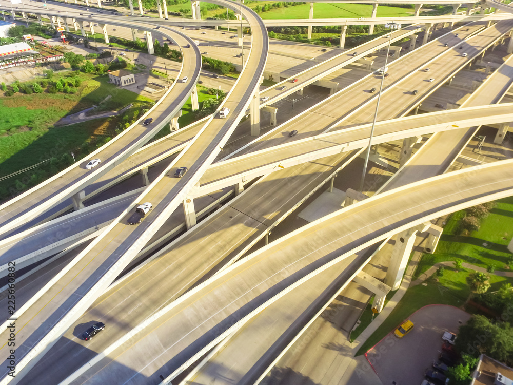 Vertical aerial view massive highway intersection, stack interchange at ...