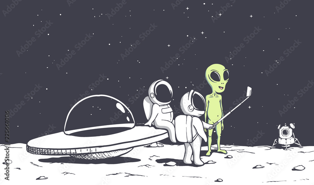 group of astronauts photographs himself with an alien .Space friends ...