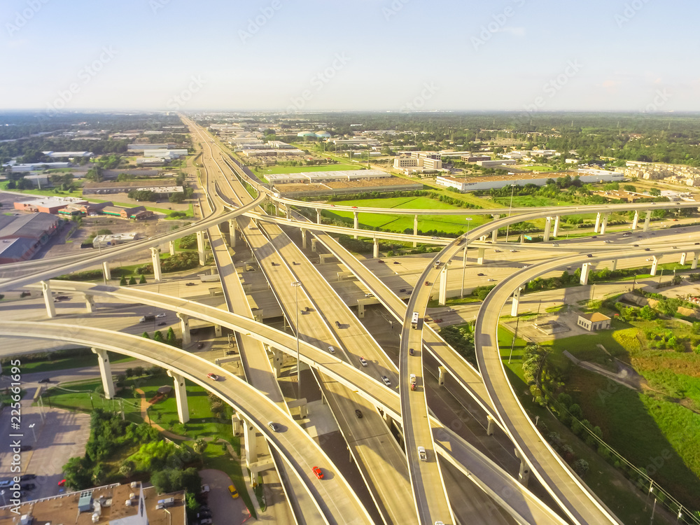 Horizontal aerial view massive highway intersection, stack interchange ...