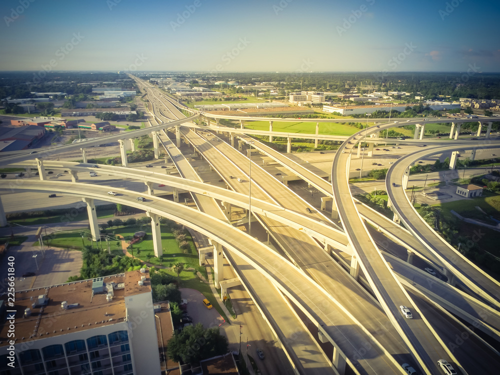 Vintage tone horizontal aerial view massive highway intersection, stack ...