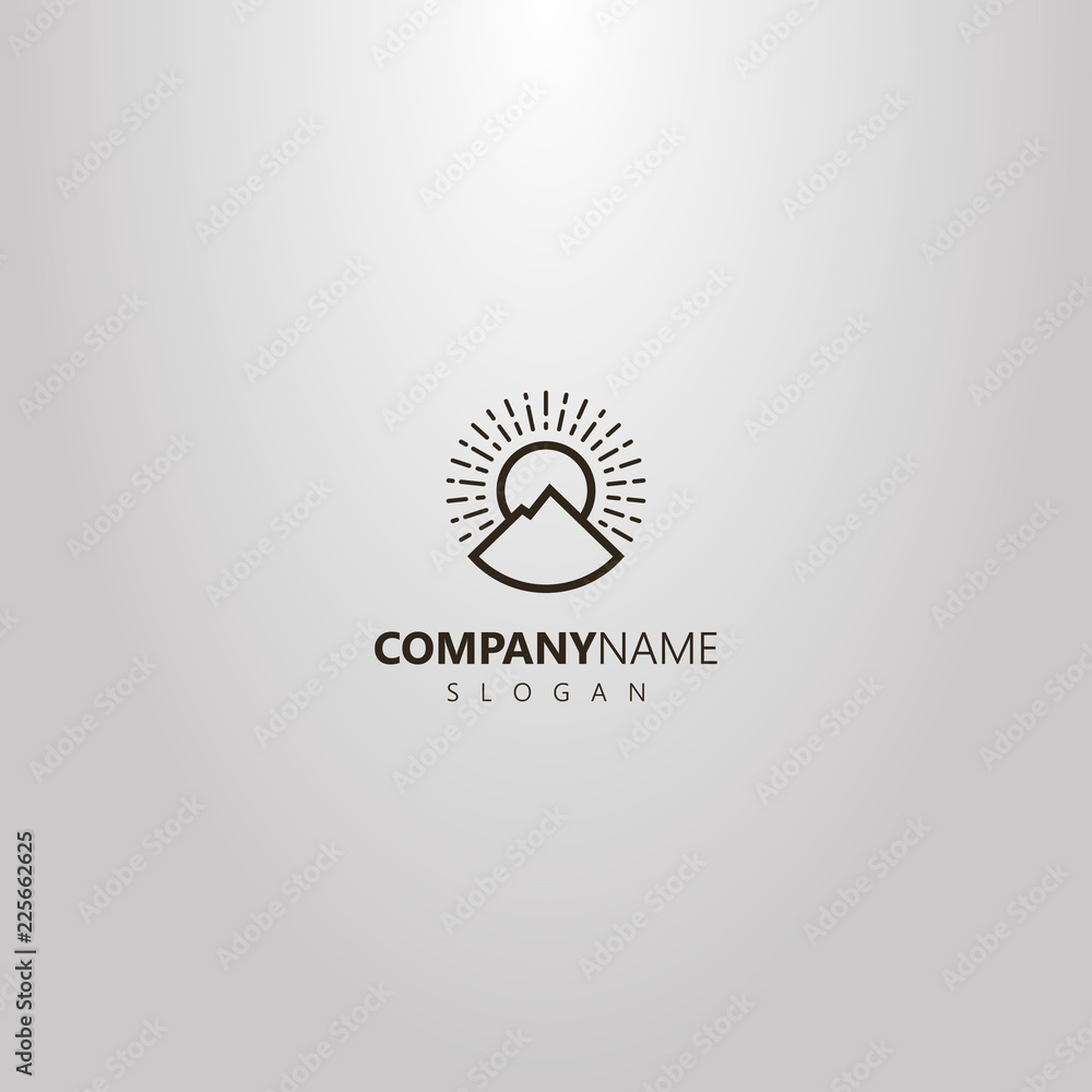 black and white simple vector outline round logo of line art mountain ...