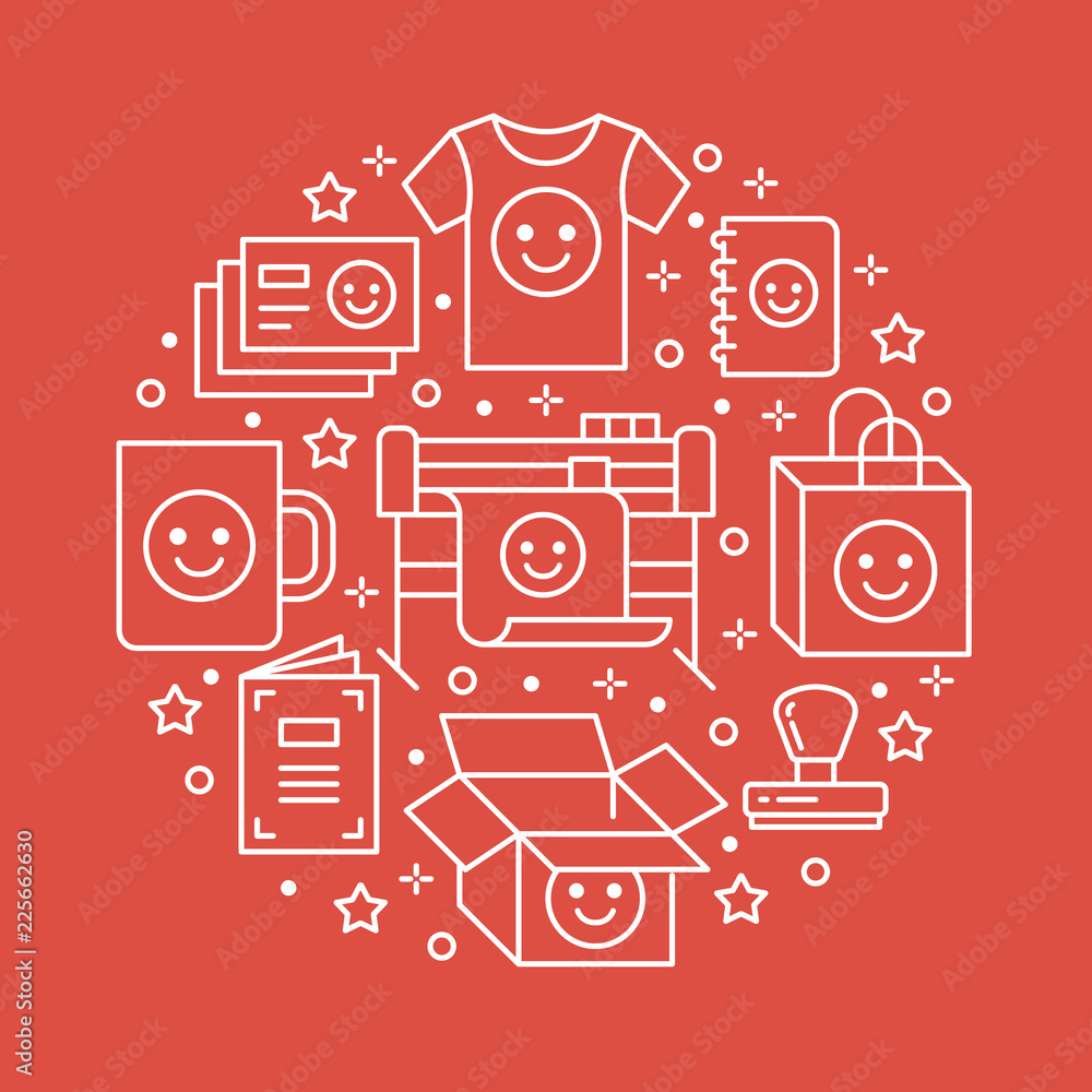 Printing house circle poster with flat line icons. Print shop equipment ...