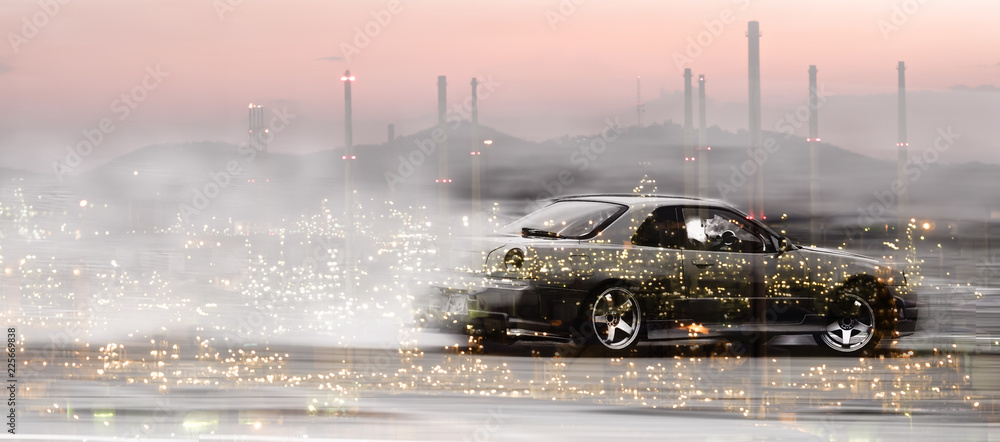 Double exposure car with oil refinery for energy all types of vehicles ...