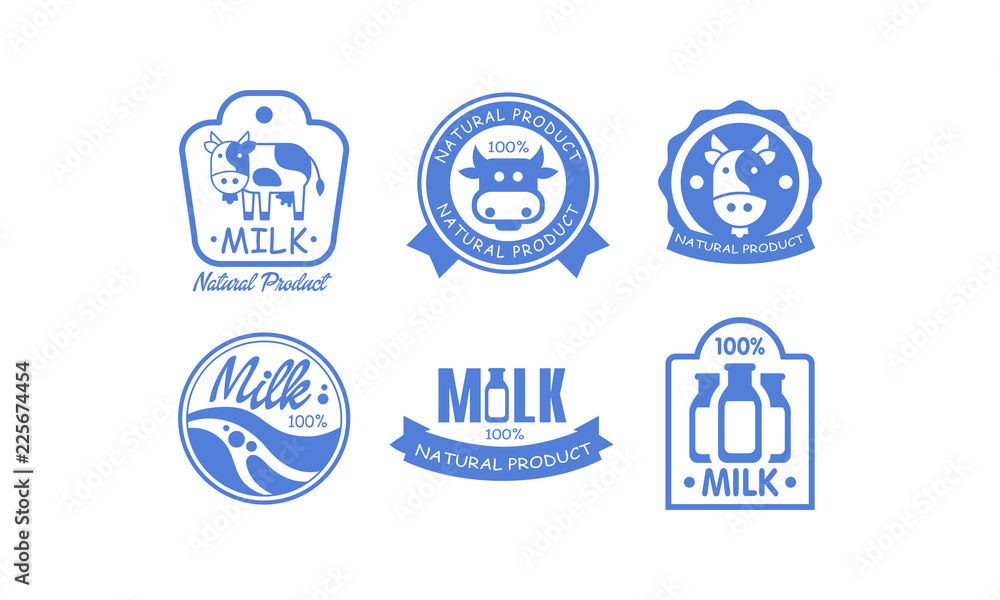 Milk products logos set, fresh dairy natural food label, emblem design ...