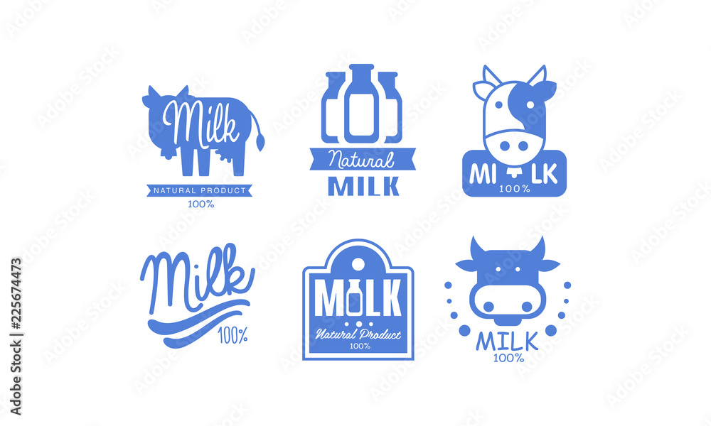 Milk natural products logos set, 100 percent fresh dairy natural food ...