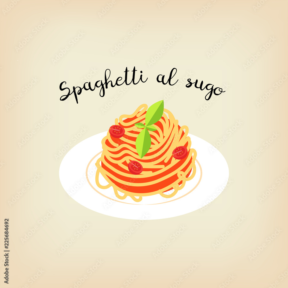 Vector illustration. Flat style icon of spaghetti with tomato sauce ...