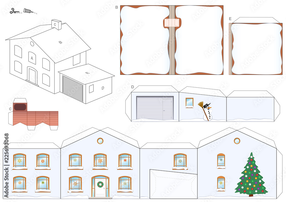 Paper model of a house in winter with christmas tree, snowman and snowy ...