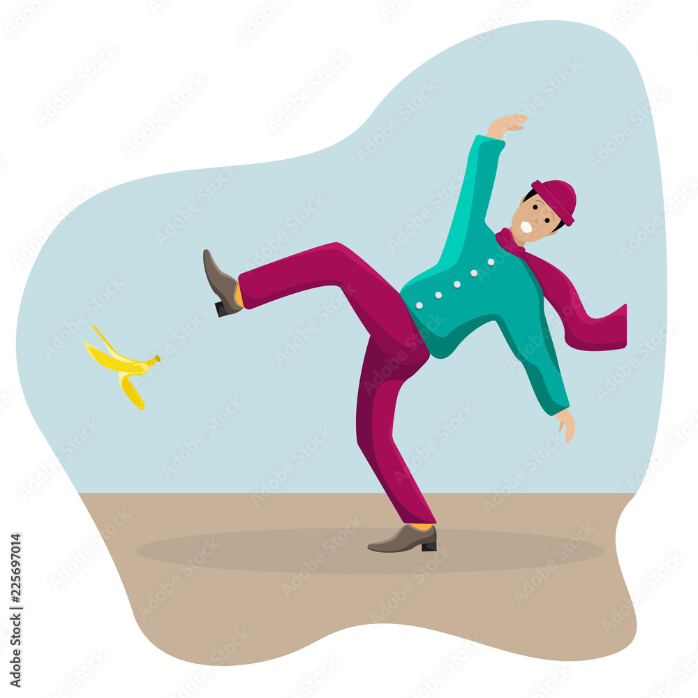 Vector Flat Illustration With A Slipped Man On A Banana Peel Stock