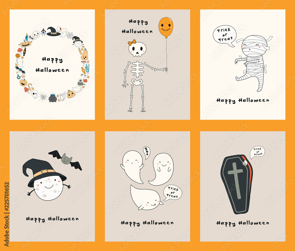 Set of Halloween greeting cards with kawaii funny characters, text ...