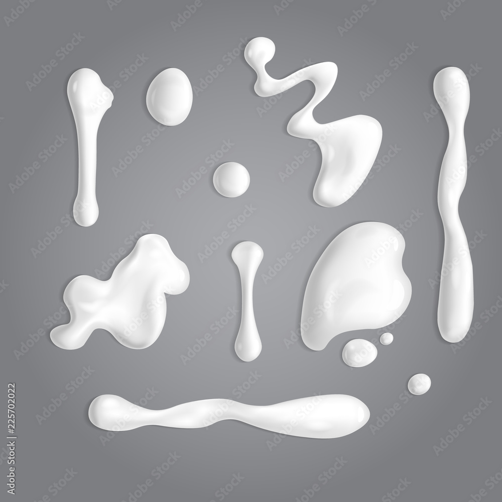 Set of white cream or yoghurt drops. Vector paint stain or yogurt ...