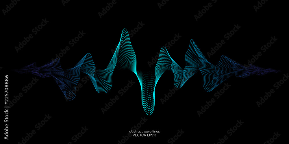 Vector sound wave lines dynamic in blue green color light flowing on ...