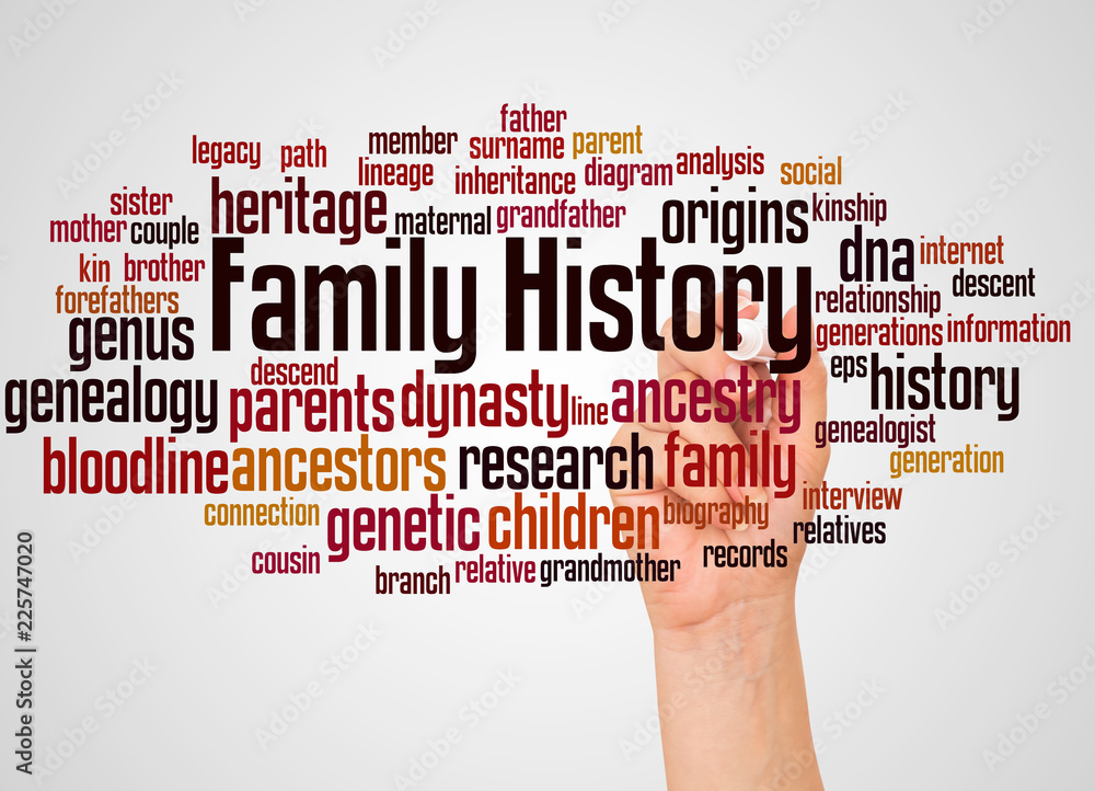 Family History word cloud and hand with marker concept Stock ...