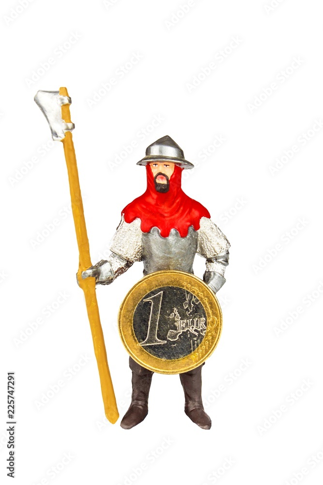 Metal knight figurine holding euro coins isolated on white. Defense of ...