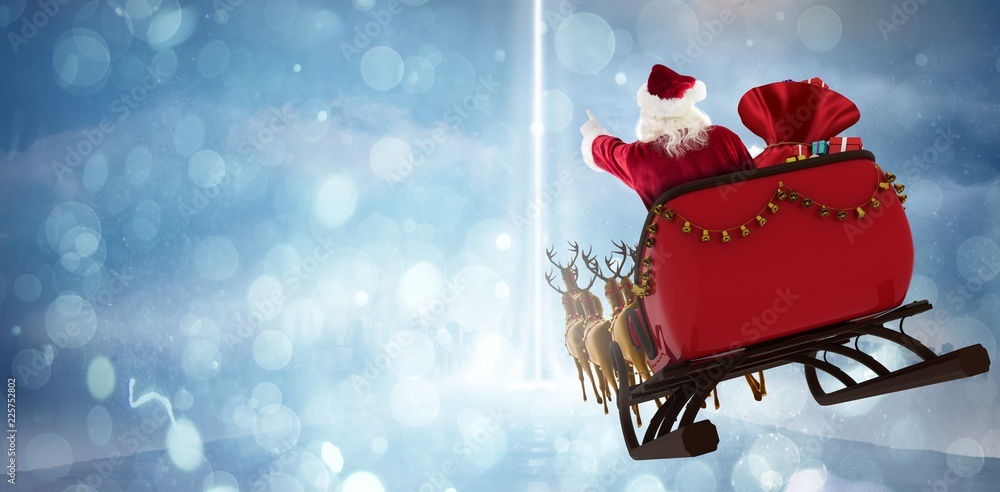 Composite image of santa claus riding on sled with gift box Stock Photo ...