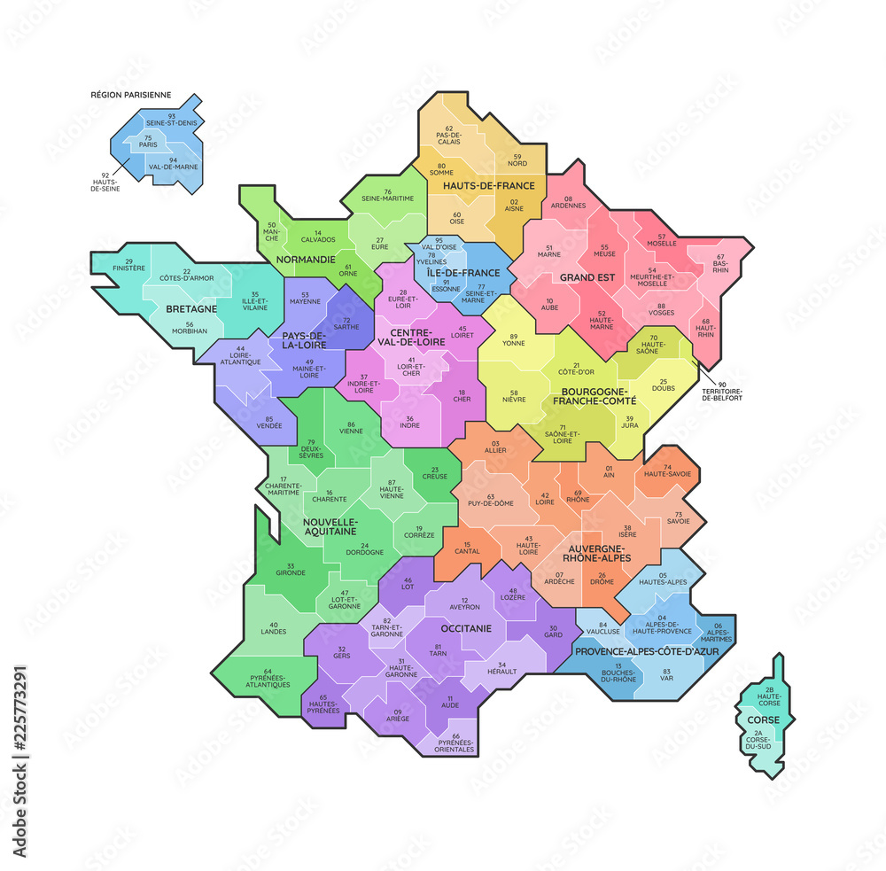 Carte de France, des régions et des départements Stock Vector | Adobe Stock