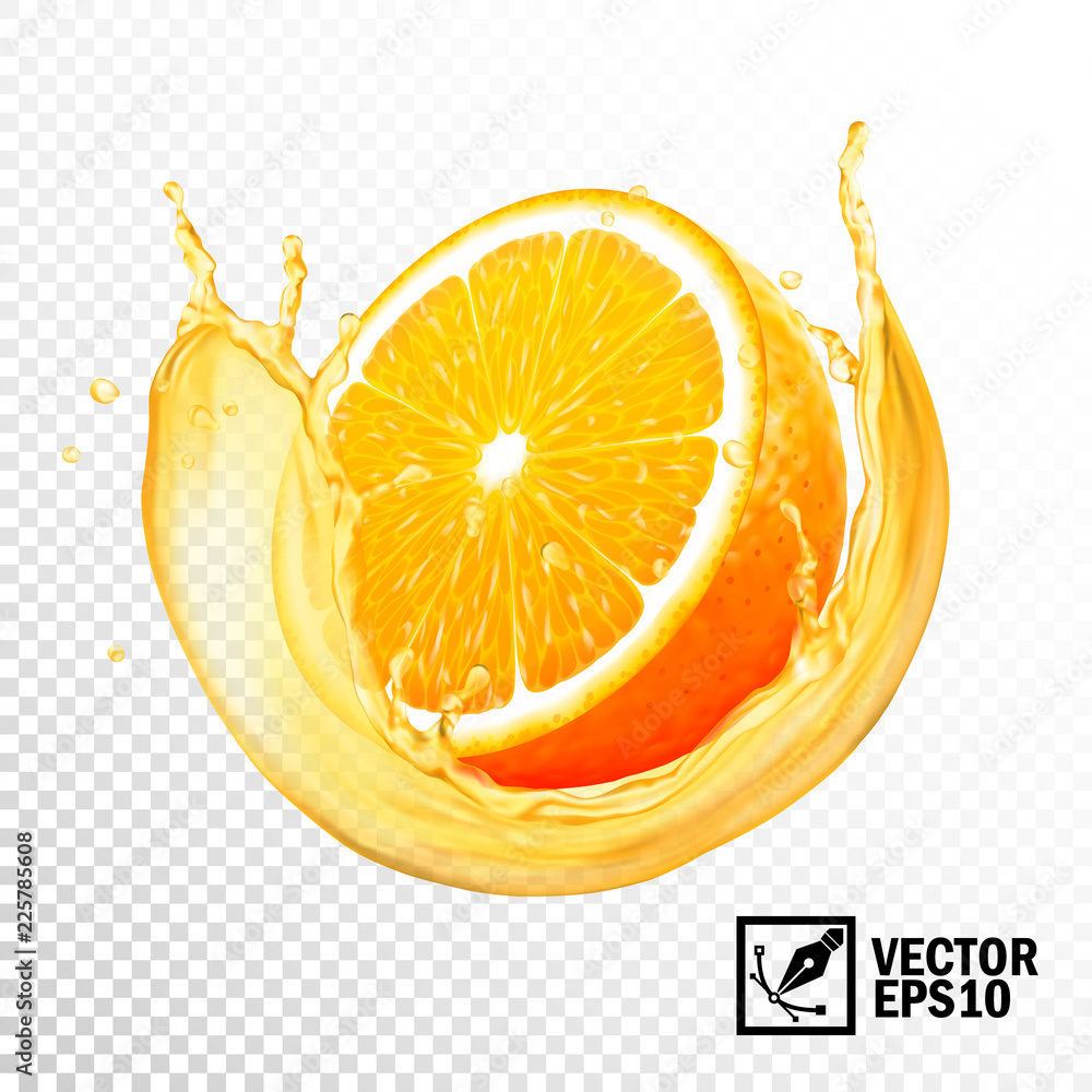 Realistic vector splash of juice orange slice. Editable handmade mesh ...