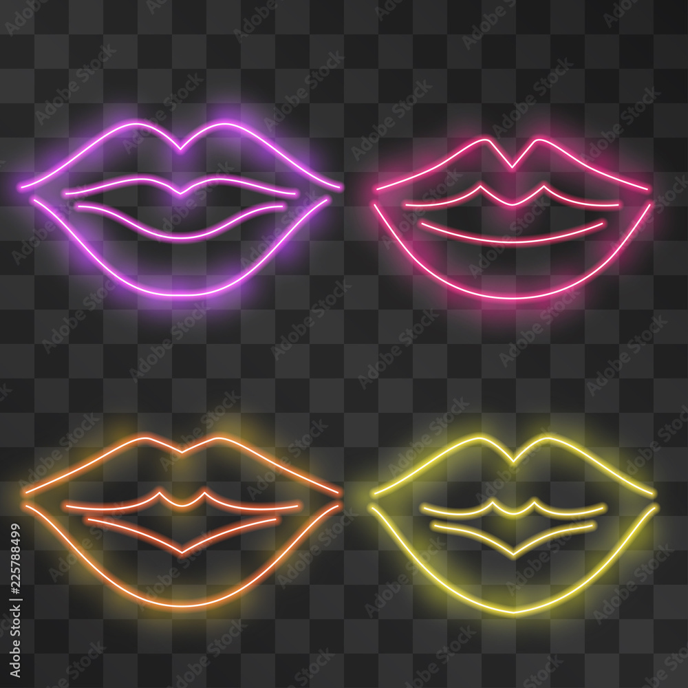 Neon lips vector signboards on transparent background. Decorative ...