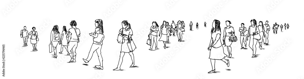 crowd of people walking ink sketch isolated on white background urban ...